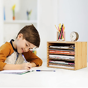 Bamjoy Bamboo 5 Tier Desktop Organizer, Paper Organizer Mail Sorter, File Holder Letter Document Storage with Adjustable Shelves for School Home Office, Natural