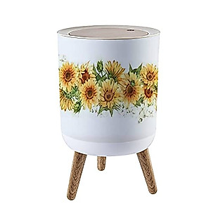 Small Trash Can with Lid Sunflower Seamless Watercolor Horizontal Border Yellow Rural Flowers Round Recycle Bin Press Top Dog Proof Wastebasket for Kitchen Bathroom Bedroom Office 7L/1.8 Gallon