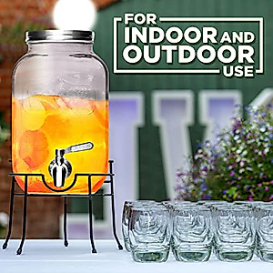 NutriChef 2-Gallon Glass Beverage Dispenser - Mason Jar Style Drink Container Jug w/Stainless Steel Spigot & Plastic Ice Infuser, Wide Mouth Easy Filling, 100% Leak-proof Lid, For Party or Daily Use