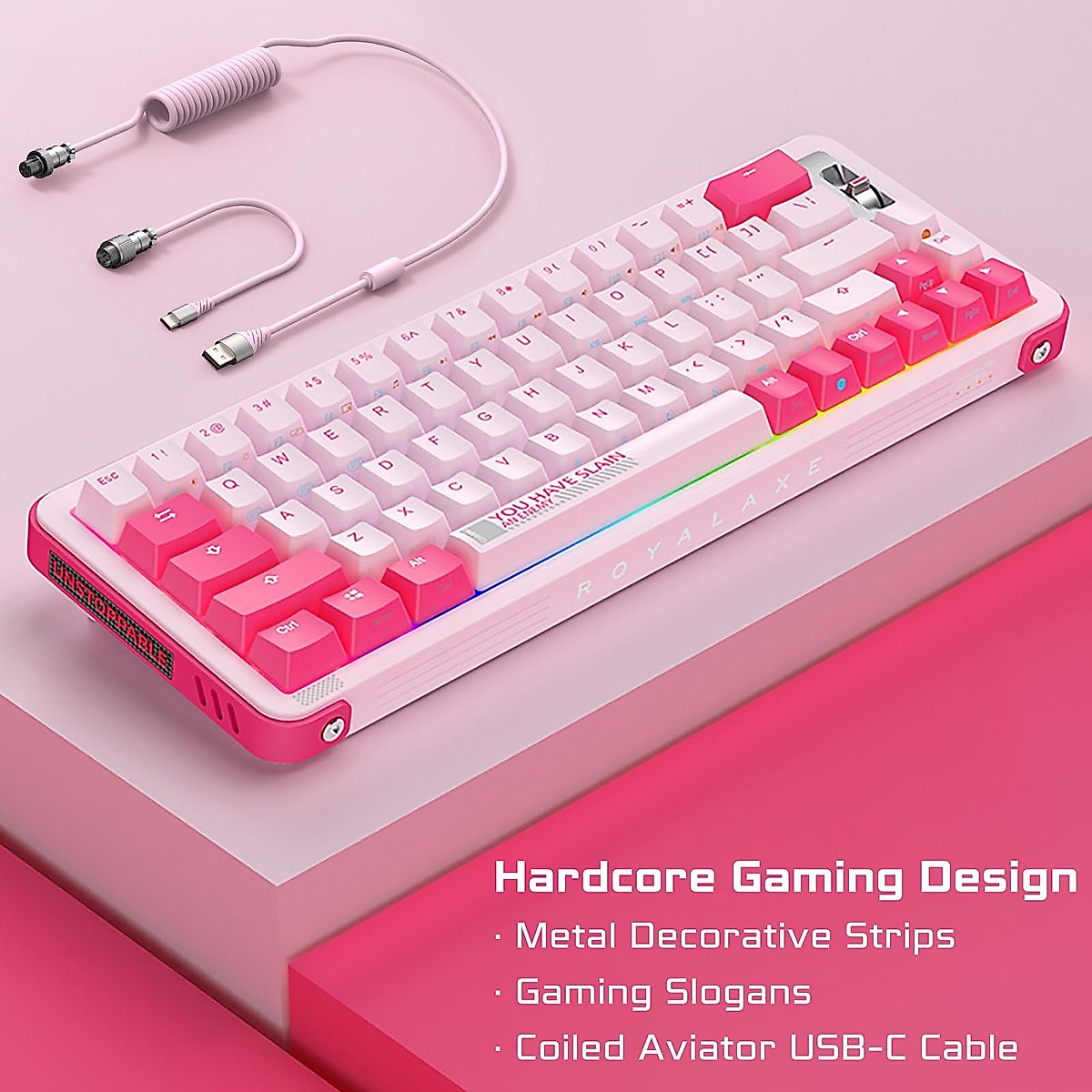 ROYALAXE Y68 TKL Wireless Mechanical Keyboard, Hot Swappable Wired/Bluetooth 5.0/2.4G Wireless Keyboard with RGB Light for Windows & Mac, PBT Keycap, Gateron G Yellow Pro Switch, Candy Pink