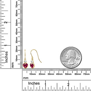 Gem Stone King 14K Yellow Gold Red Created Ruby and White Zirconia Drop French Wire Earrings For Women (1.42 Cttw, Gemstone July Birthstone, Heart Shape 5MM, Round 3MM)