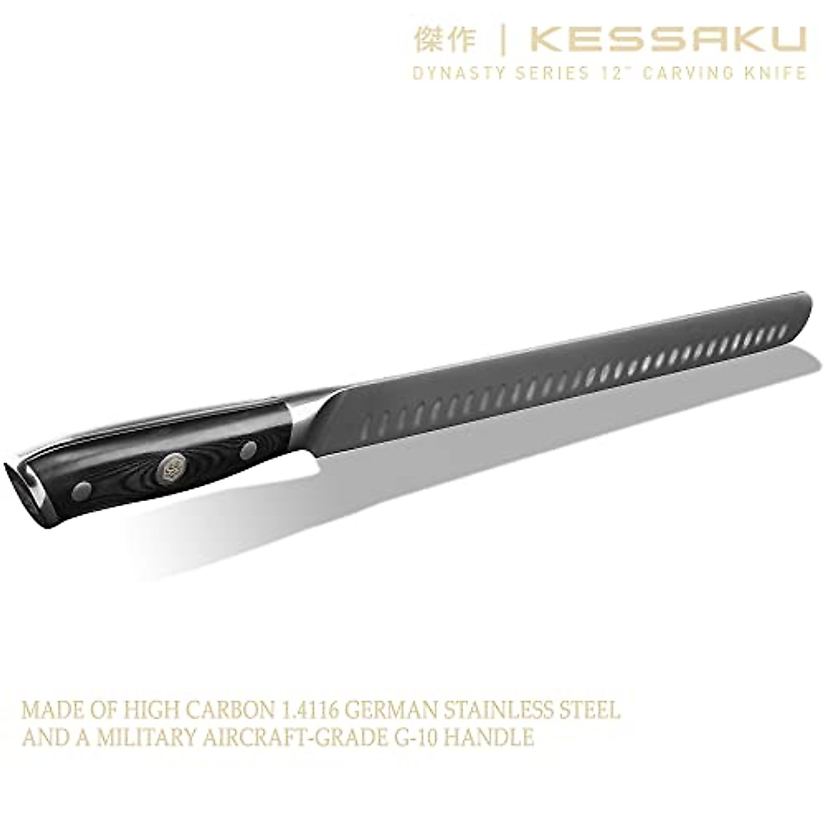KESSAKU Carving Knife - 12 inch - Dynasty Series - Razor Sharp - Granton Edge - Forged ThyssenKrupp German High Carbon Stainless Steel - G10 Garolite Handle with Blade Guard