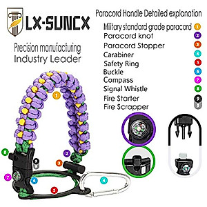 LX-SUNCX Paracord Handle and Silicone Sleeve Boot Compatible with Hydro Flask Wide Mouth Water Bottle (Daisy-Purple w/Compass+Whistle+Firestarter, 32oz-40oz)