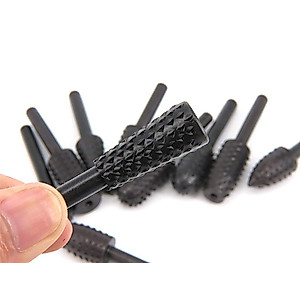 ASNOMY 10PCS Woodworking Twist Drill Bits, Wood Carving File Rasp Drill Bits 6.3mm(1/4") Shank Electrical Tools Woodworking Rasp Chisel Shaped Rotating Embossed Grinding Head with Storage Bag