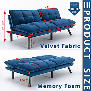 70" Futon Sofa Bed Couch,Convertible Modern Sleeper Sofa Couch with Metal Legs,Folding Loveseat Sofa with Adjustable Backrest for Living Room,Bedroom,Office,Small Space (Blue)