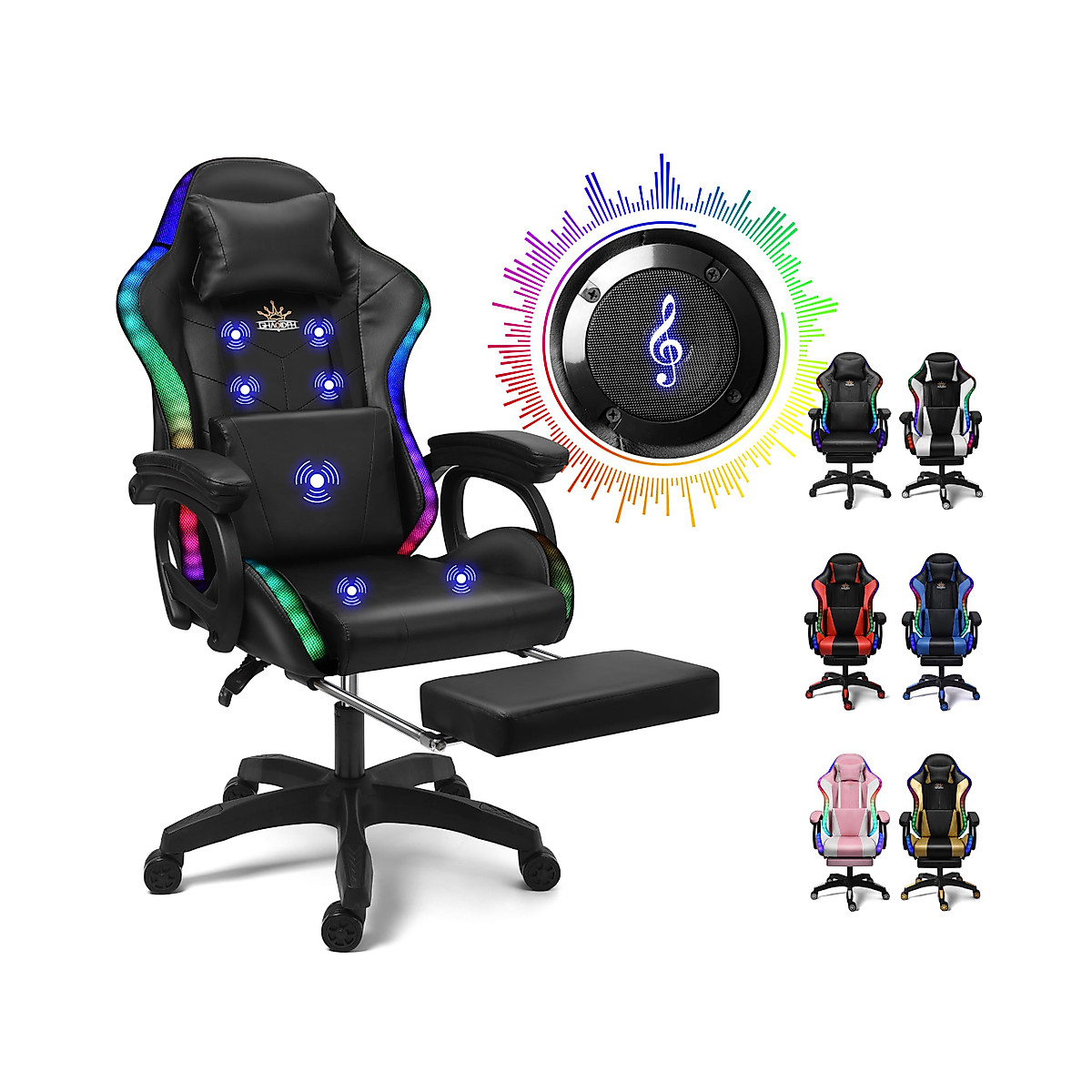 Gaming Chair with LED Lights and Speakers, Ergonomic Pro Video Game Chair with Massage and Footrest, for Adults, Teens, and Kids - Perfect for Gaming, Office, and Working. (Black)