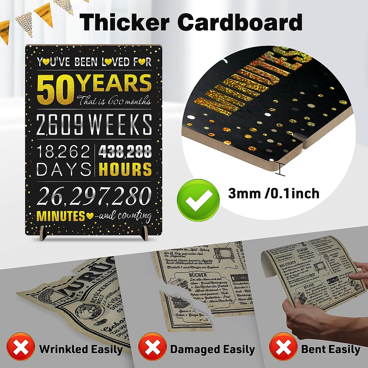 Giftota 50th Birthday Decorations - 3 Pack 3mm Thickness Birthday Poster - 50th Birthday Gifts with Stand - Birthday Party Decorations for 50 Year Old - 50th Birthday Table Sign for Party Supply