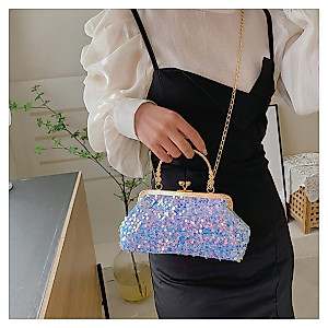 WIGUYUN Women Sequins Evening Handbag Glitter Top Handle Purse Chain Cross-body Bag Blue