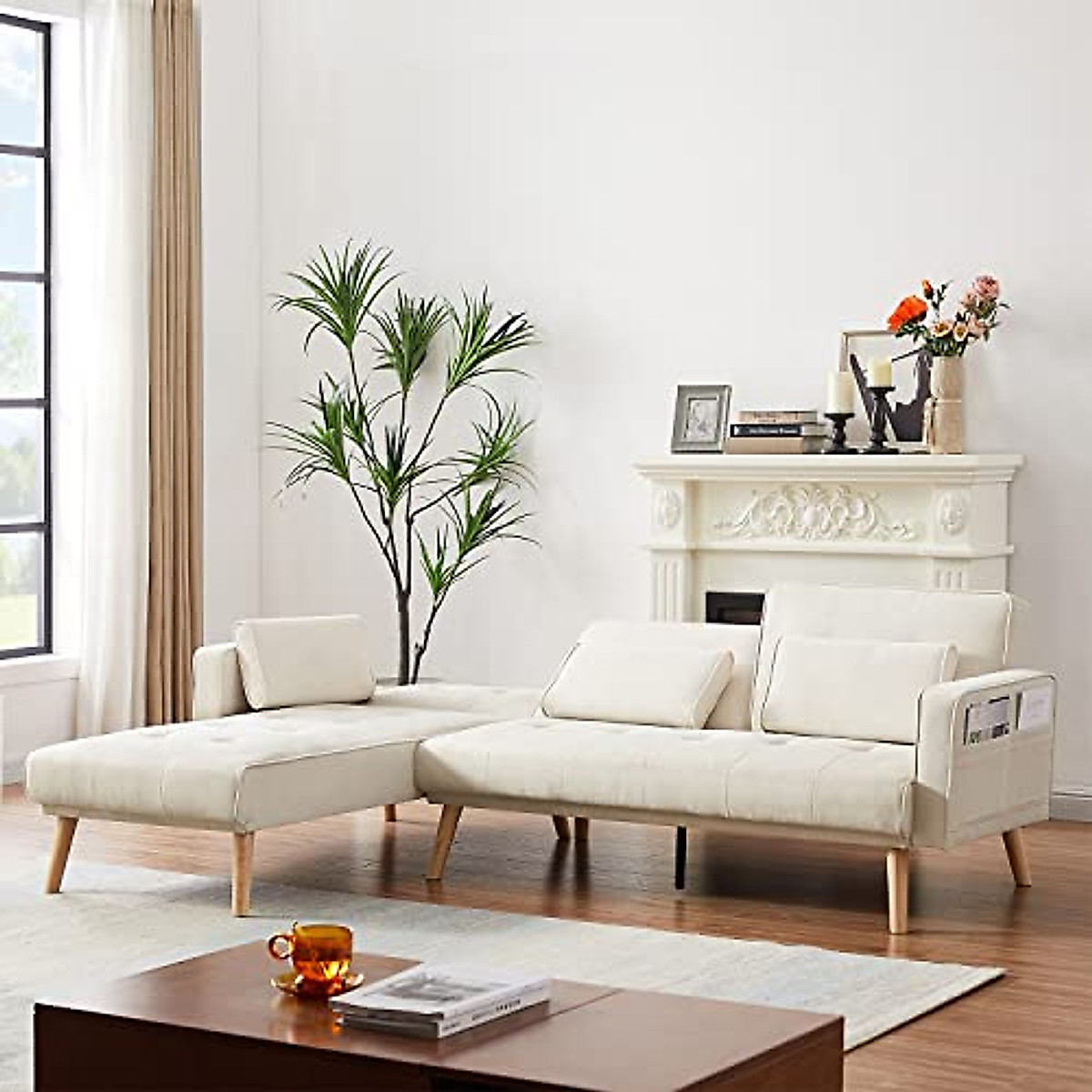 Antetek Convertible Linen Futon Sofa Bed, L-Shaped Sectional Sofa Couch with Left Chaise, Adjustable Backrest & 3 Toss Pillows, Mid-Century Modern Modular Sofa, Living Room Furniture Set (Beige)