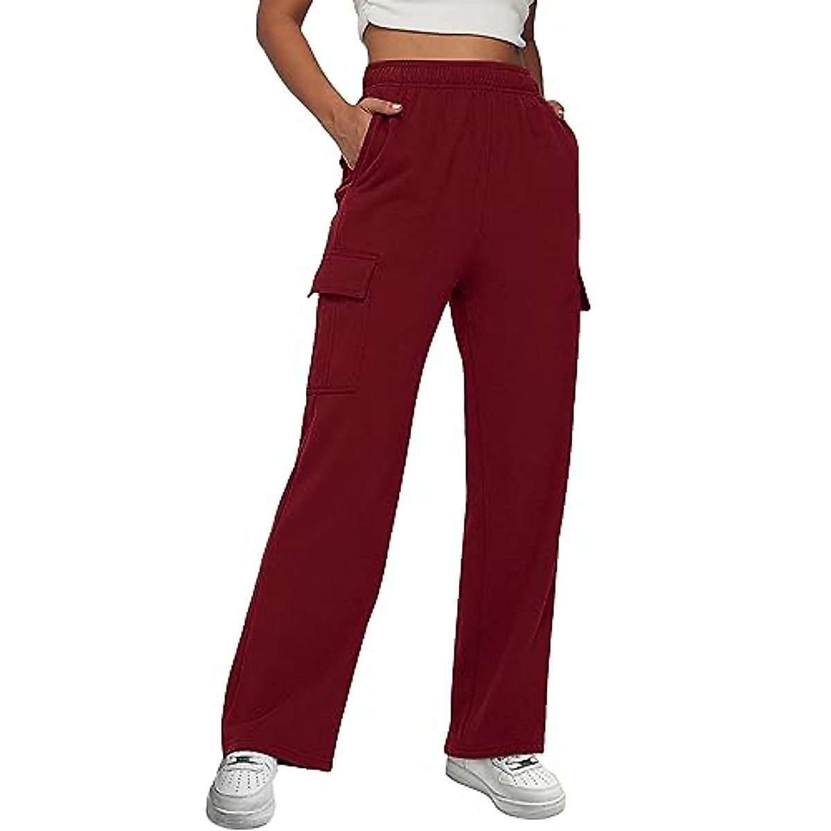 Womens Sweatpants Plus Size Womens Cargo Sweatpants Casual Baggy Fleece Winter Warm Wide Leg High Waisted Loose Fit Joggers Pants Sporty Gym Athletic Lounge Trousers with Pockets C32 Wine