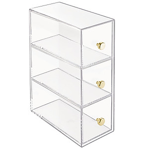 mDesign Plastic Kitchen Pantry Stackable Storage Organizer Container Station with 3 Drawers for Cabinet, Countertop, Holds Coffee, Tea, Sugar Packets, Creamers, Drink Pods, Packets - Clear/Soft Brass