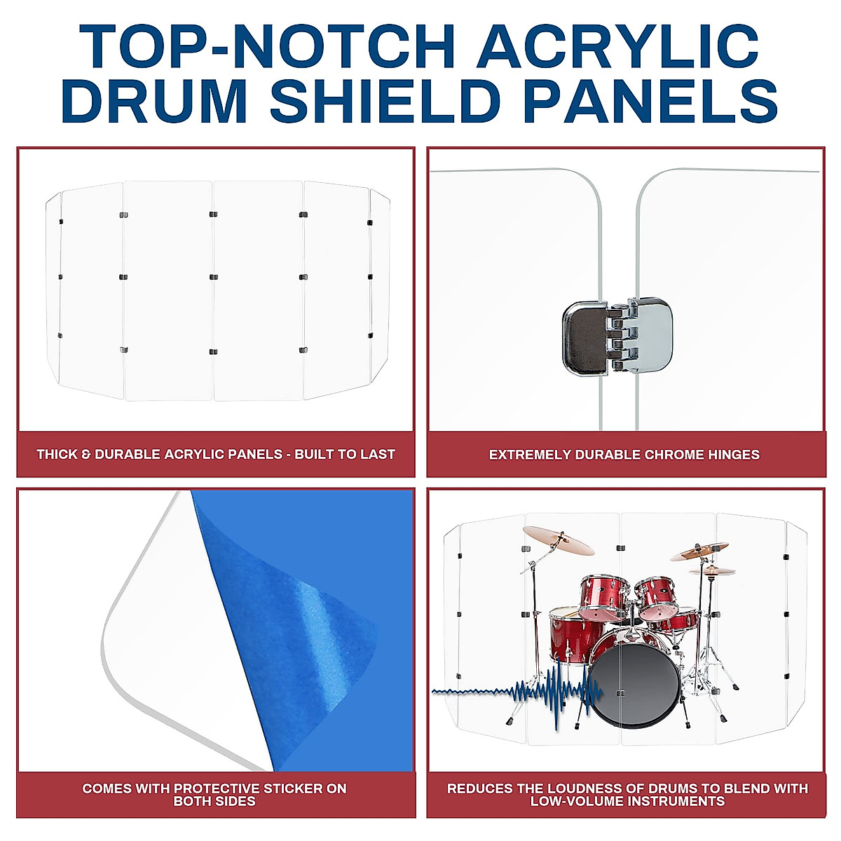 PENNZONI Drum Shield 5ft w/Chrome Hinges, Comes w/ 6 Drum Panels, & Chrome Hinges, Premium Clear Acrylic Panels, Drum Screen