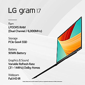 LG gram 17” Lightweight Laptop, Intel 13th Gen Core i7 Evo Platform, Windows 11 Home, NVIDIA RTX3050 4GB GPU, 32GB RAM, 2TB SSD, Black