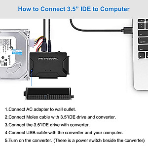 USB to SATA IDE HDD Adapter - USB 3.0 Cable to 2.5" 3.5" SATA IDE Hard Drive Converter for Windows 10/8/ 7/XP, Mac, Internal to External Laptop SSD Reader Kit, File Data Transfer Conversion Cord