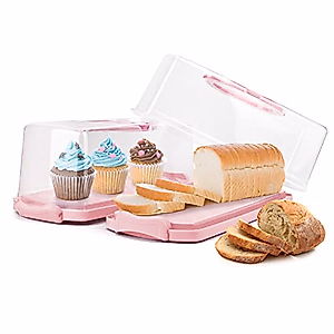 HOYA PONYOO 2-Pack Plastic Rectangular Bread Box with Clear Lid, Loaf Cake Keeper, Portable Bread Keeper Storage Container with Handle (Pink)