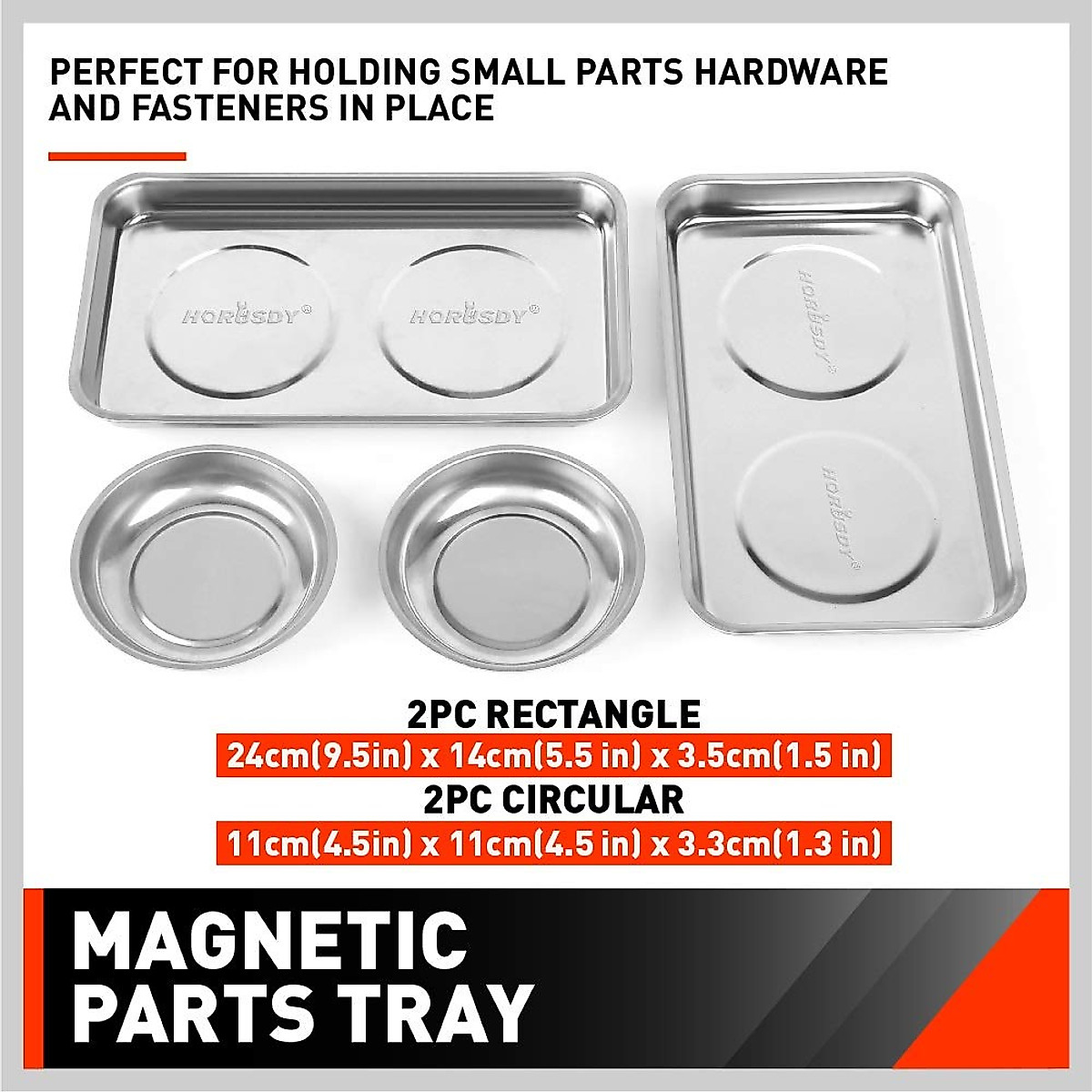 HORUSDY 4-Piece Large Magnetic Parts Tray Set, Stainless Steel Heavy Duty 9.5"W x 5.5''L Square and 4.5" Round Magnetic Trays Tools Parts Tray