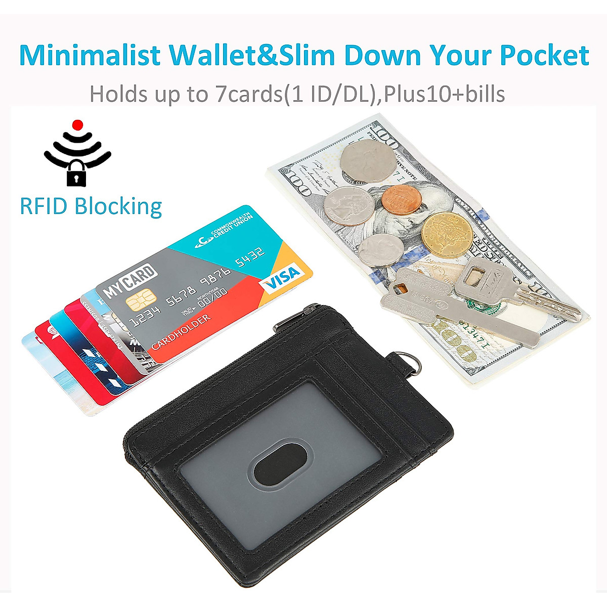 UTreers Chain Wallet Men Minimalist RFID Wallet Biker Trucker Travel Badge Holder Zipper