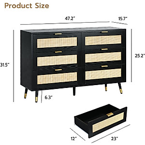 REVOMINCA Rattan 6 Drawer Dresser, Modern Boho Dresser for Bedroom, Rattan Chest of Drawers with Gold Handles & Legs, Modern Dressers for Bedroom, Black Rattan Dresser for Living Room and Hallway