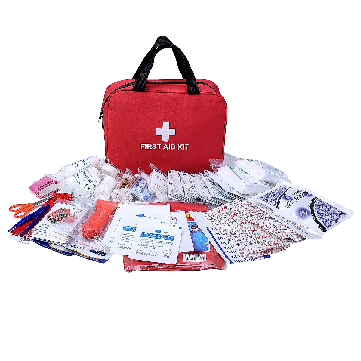First Aid Kit - 230 Piece - for Car, Home, Travel, Camping, Office or Sports | Red Bag/Reflective Cross, Fully Stocked with Essential Supplies for Emergency and Survival