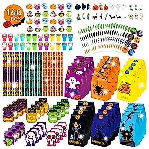 ShyLizard 168PCS Halloween Party Favor Goodie Bag Bulk for Kids, Halloween Stationery Set, Trick or Treat Toys including Pencil, Eraser, Notepad, Stamper, Halloween Bag, Stickers and Temporary Tattoos