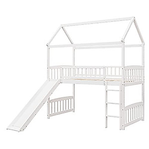 BOVZA Twin Size House Loft Bed with Convertible Slide and Ladder, Wood House Loft Bed with Roof and Safety Guardrails for Kids Boys Girls Bedroom, White