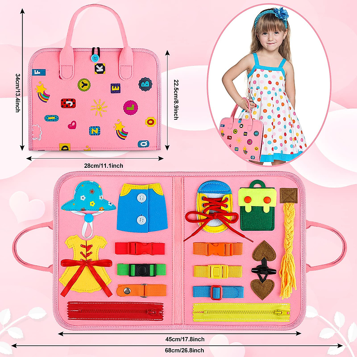 GIFTINBOX Toddler Busy Board Montessori Toys Basic Skills Board for Toddlers Learning Dress, Educational Learning Toys, Bag Designed Enlighten Toy for Infants, Boys and Girls 3 4 5 Year Old-A