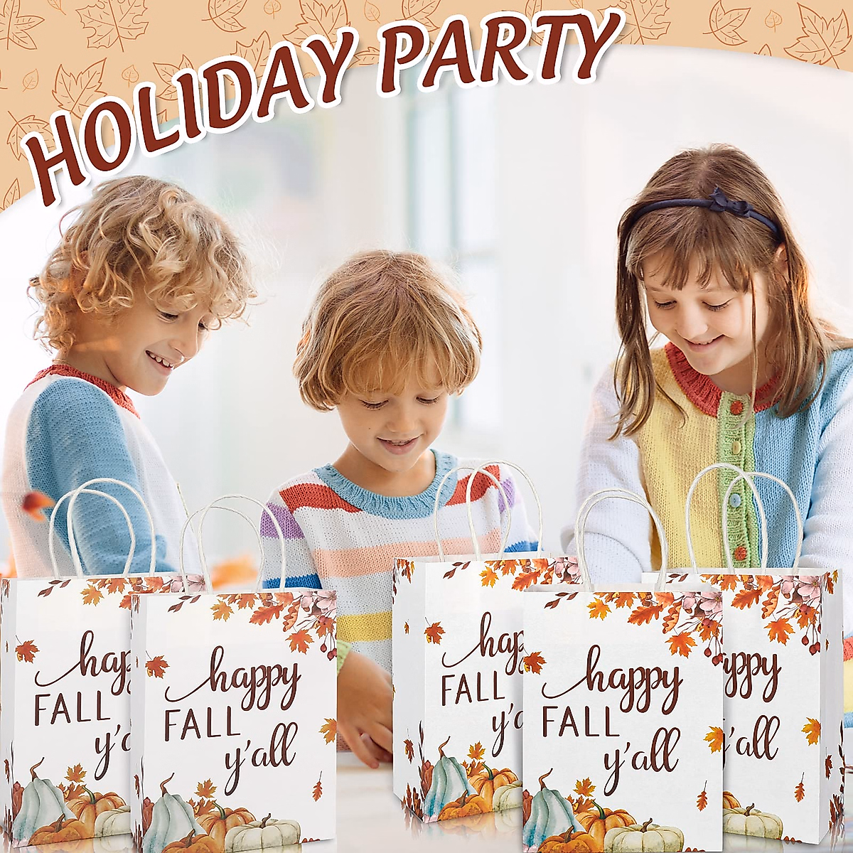 AnyDesign 16Pcs Happy Fall Y'all Gift Bags Autumn Maple Leaves Pumpkin Pattern Paper Bag with Handle for Thanksgiving Day Fall Themed Wedding Birthday Bridal Shower Party Favors, 5.9 x 8.3 x 3.2 Inch