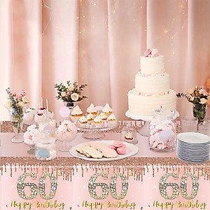 2PCS 60th Birthday Tablecloth Pink Rose Gold 60th Birthday Table Cover Happy 60th Birthday Decorations for Women Plastic Disposable 60th Birthday Table Cloth 60th Birthday Party Supplies (54"x108")