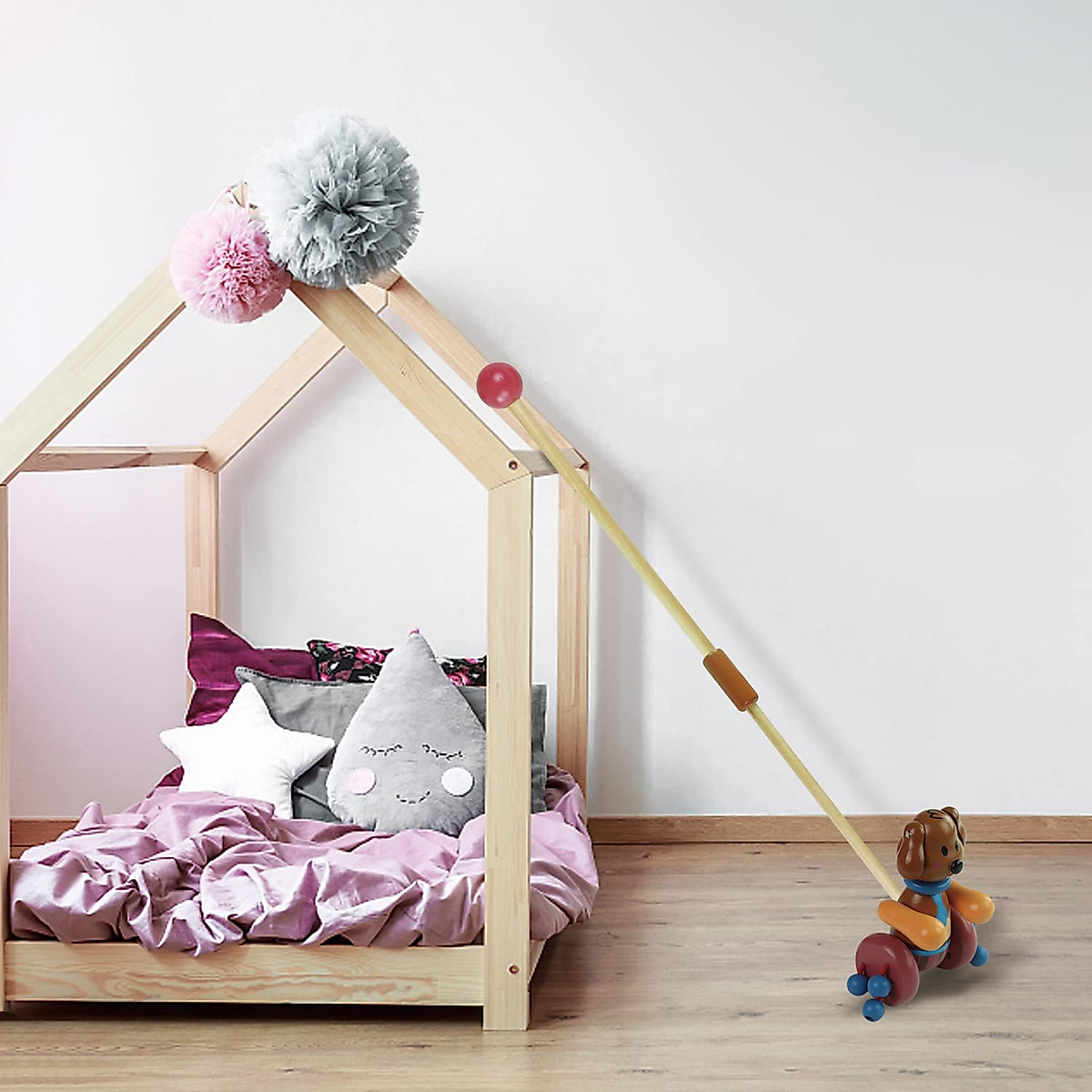 RUYU Loyal Puppy Wooden Push-n-Pull Activity Walking Toy with Colorful Rolling Beads for Toddlers and Babies Girl or Boy, Classic Early Learning Wooden Balance Walking Play Toy