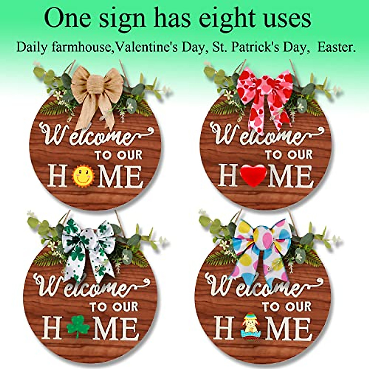 Interchangeable Welcome Home Sign Front Door Wreath Outdoor Decorations,Farmhouse Rustic Wall Hanging Seasons Wreaths Decor for Spring Summer Fall Winter Holiday 4th of July Halloween Christmas