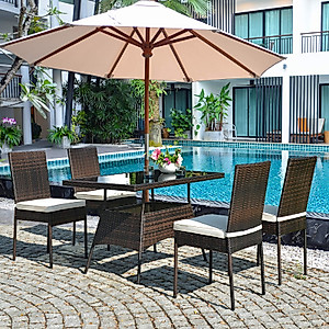 Tangkula 5 Piece Patio Wicker Dining Set, Outdoor Rattan Table and Chairs with w/Tempered Glass Table Top & Padded Cushions, Wicker Patio Conversation Furniture Set for Balcony Patio Garden Poolside