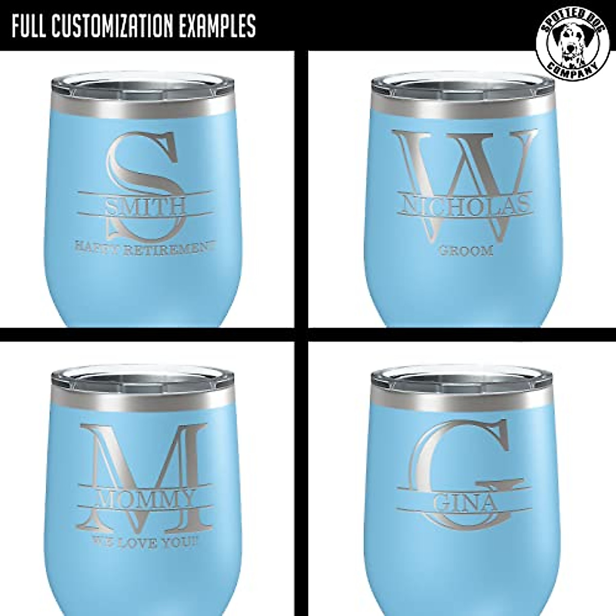 Personalized 12oz (17 Colors) Powder Coated Stainless Steel Stemless Wine Tumbler with Lid, Custom Etched, Customized Gift for Women Her, Wine Lover, Halpert Monogram Initial Name (Light Blue)