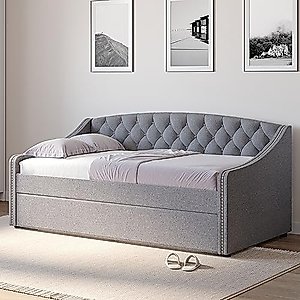 DG Casa SUVA Traditional Upholstered Daybed with Trundle Platform Bed Frame with Diamond Button Tufting Nailhead Trim and Full Wooden Slats, Box Spring not Required - Twin Size Day Bed in Gray Fabric