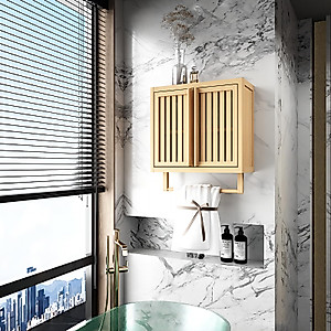 BAOMKONG Bamboo Medicine Cabinet Bathroom Cabinet Wall Mounted with Towels Bar Over The Toilet Storage Cabinet with 2 Door Sturdy Bathroom Wall Cabinet for Bathroom Laundry Room Kitchen, #02 Natural