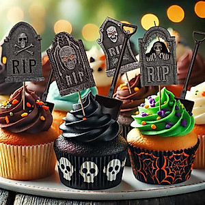 INACORN 48PCS Halloween Cupcake Toppers - Halloween Cake Decorations & Halloween Birthday Party Decorations - Graveyard Tombstone Cupcake Toppers with Novelty Mini Shovel Spoons