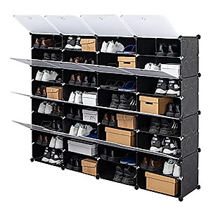 QXDRAGON 8-Tier Portable 64 Pair Shoe Rack Organizer 32 Grids Tower Shelf Storage Cabinet Stand Expandable for Heels, Boots, Slippers, Black