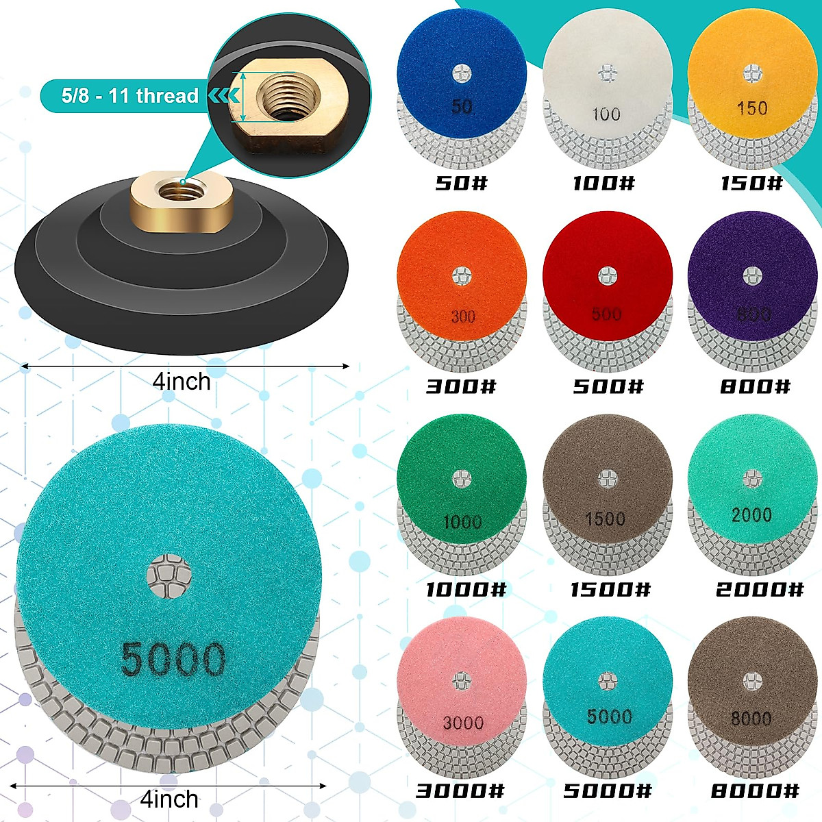 12+1 Packs Diamond Polishing Pads Set, Anglecai 4 Inch Dry/Wet Granite Polishing Kit for Concrete Polishing Pads, 50-8000 Grit Pads for Marble Polishing Kit for Tile Polishing Pads for Grinder