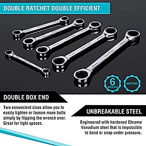 DURATECH Double Box End Ratcheting Wrench Set, Metric, 6-Piece, 8-19mm, CR-V Steel, with Rolling Pouch