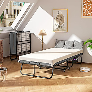 Niceway Premium Foldable & Portable Folding Bed with Metal Platform - 75 x 31 Rollaway Beds with Sturdy Heavy Duty Frame - 5" Deluxe Memory Foam Mattress, Temporary Beds for Guests with Side Pocket