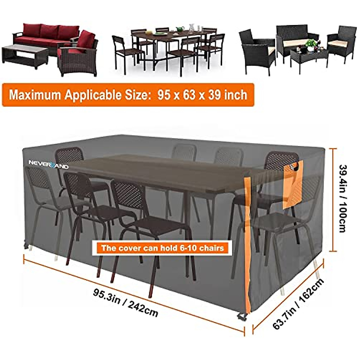 NEVERLAND Rectangular Patio Table Cover 95x64x40 inch , Patio Furniture Covers 420D Heavy Duty Waterproof Outdoor Lawn Patio Furniture Covers