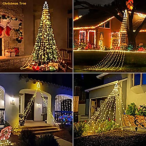 Gorrzai Outdoor Christmas Decorations Star String Lights 420 LED Waterproof String Lights with Christmas Tree Topper, 8 Lighting Modes Waterfall Lights for Tree Patio Garden Yard Party (Warm White)