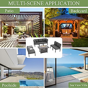 ALAULM 8 Pieces Metal Patio Furniture Set with Propane Fire Pit Table Modern Outdoor Furniture w/55000 BTU Fire Pit Patio Sectional Sofas w/5.1'' Sponge Cushions for Patio, Backyard, Poolside-Grey