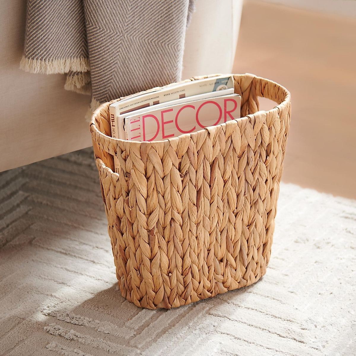 Bathroom Trash Can, Handwoven Wicker Trash Can with Handles for Bedroom, Living Roon, Kitchen, Bathroom and Office, Water Hyacinth Wicker Waste Basket, 1 Pack, 13"L x 7.5"W x 12.2"H, 3.2 Gallon