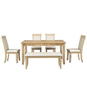 KLMM Rustic Solid Wood 6-Piece Dining Table Set with PU Leather Upholstered Chairs and Bench,for DiningRoom LivingRoom Kitchen Use (Natural Wood Wash@PU Leather)