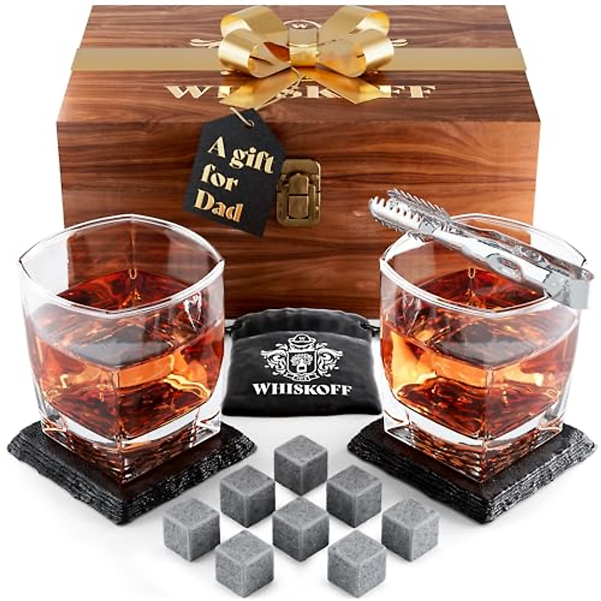 Whiskey Glass Set of 2 - Old Fashioned Whiskey Includes Square Crystal Whiskey Glasses, Chilling Rocks, Slate Coasters - Bourbon Glass set Old Fashioned - Birthday gifts men women, 40th birthday, 50th
