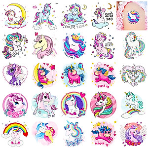 Konsait Temporary Tattoos Kids Party Decorations, 48 Sheets Fake Tattoos Games Gifts for Girls Children's Birthday Party Favors Goodie Bag Fillers Rainbow Party Supply