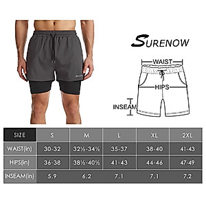 Surenow Mens 2 in 1 Running Shorts Quick Dry Athletic Shorts with Liner, Workout Shorts with Zip Pockets and Towel Loop Dark Grey