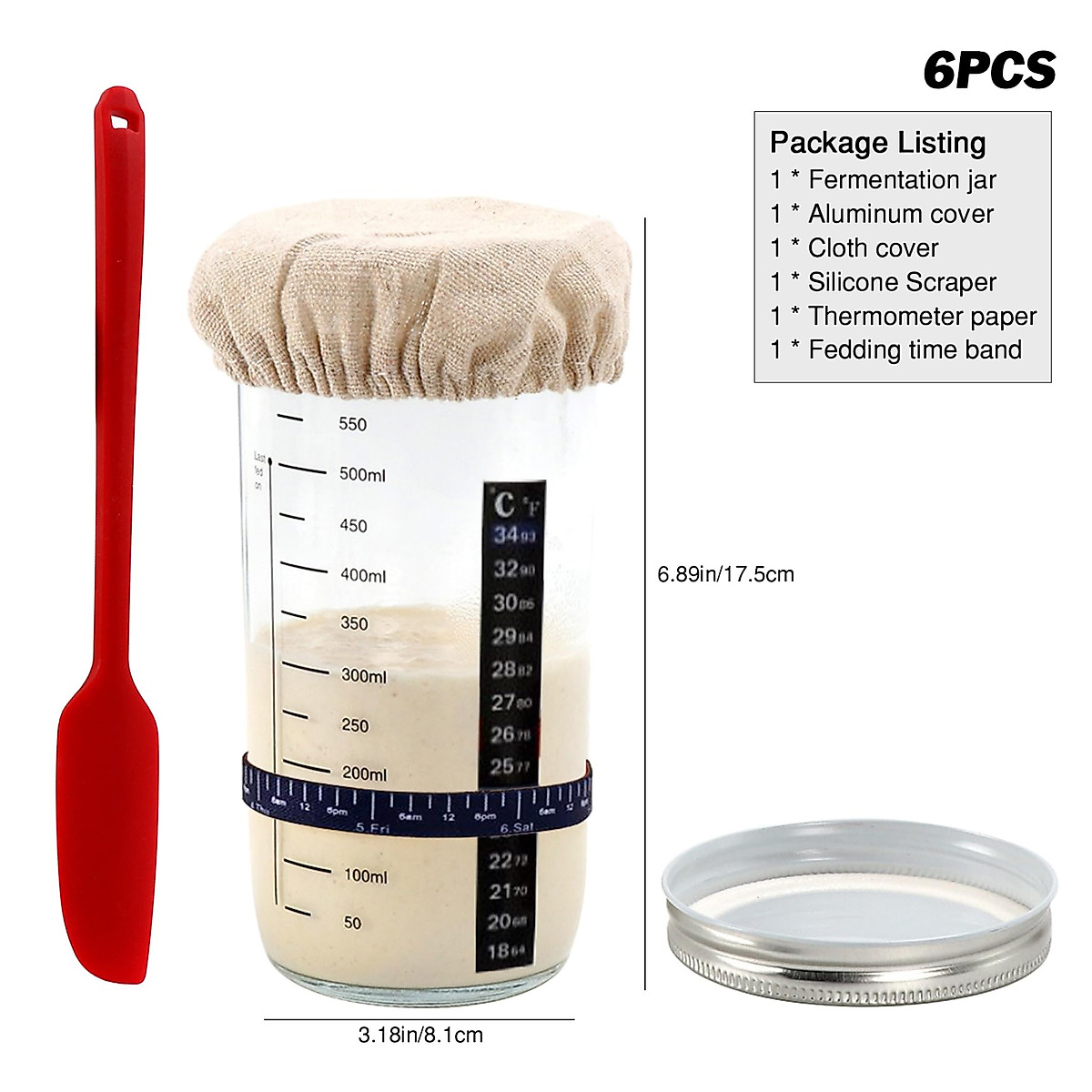 Sourdough Starter Jar with Lid Set, 550ml Glass Round Jar Reusable Wide Mouth Jar with Scale + Silicone Scraper + Cloth Cover for Bread Fermentation Various Flour, 6Pcs
