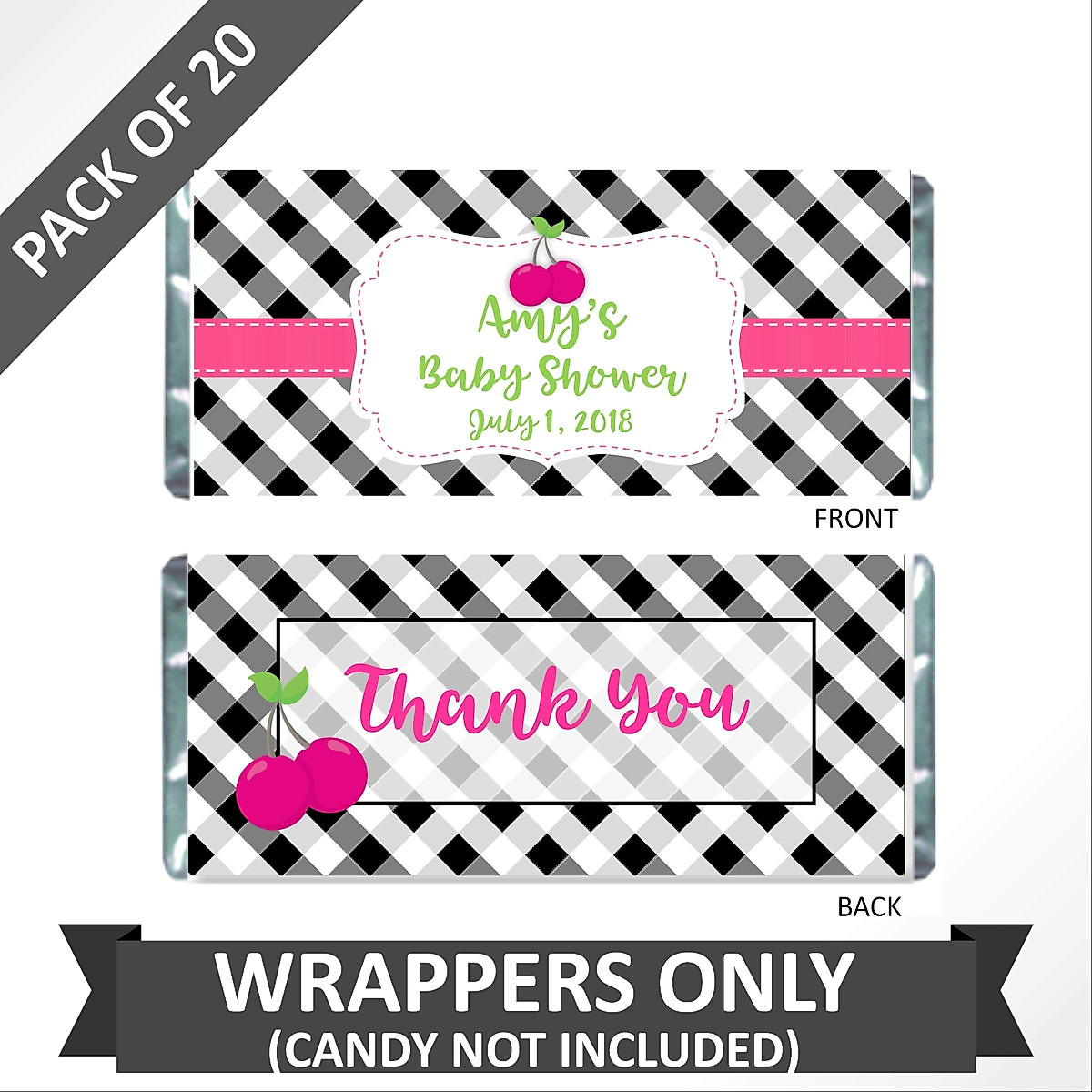 Personalized Candy Wrappers, Cherry Theme Party Favors, Pack of 20 Custom Chocolate Bar Labels