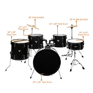 Ktaxon 5-Piece Adult Drum Set, 22 Inch Full-Size Drums Kit with Cymbal Stands, Hi-hat Stand, Sticks, Drum Pedal, Stool & Floor Tom for Beginner Teens Student (Black)